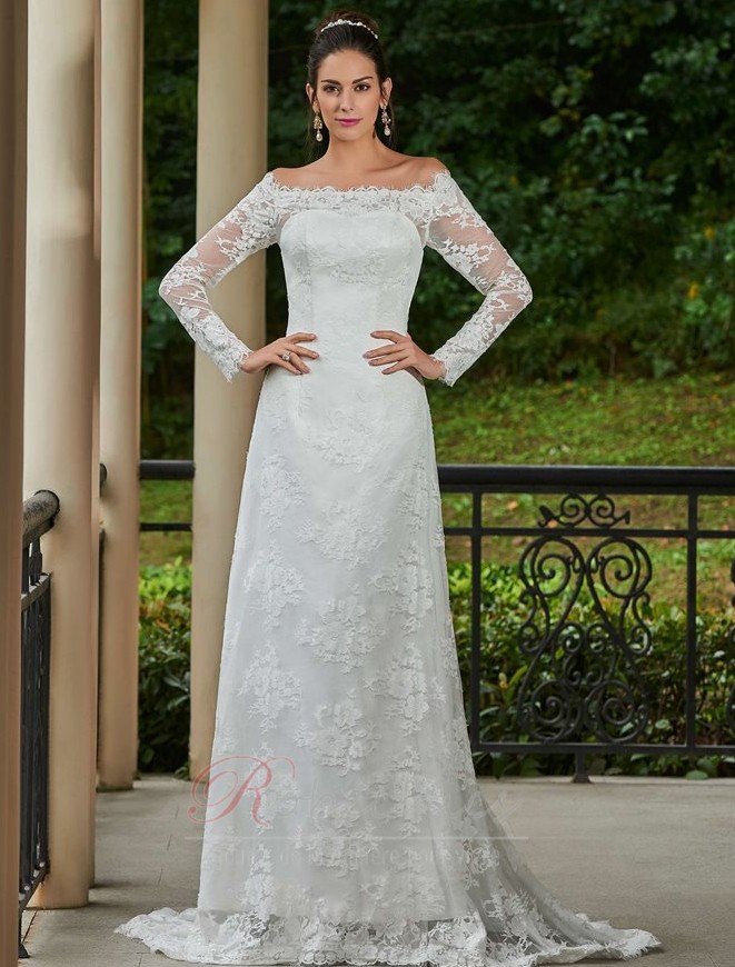 Robe de mariée Manche Longue Tissu Dentelle Tribunal train Epurée - RobeChics.com