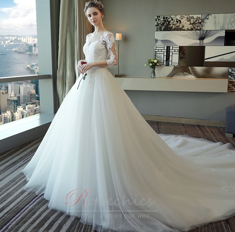 Robe de mariée Satin Manche Aérienne 3/4 Manche Perle Lacet Naturel ...