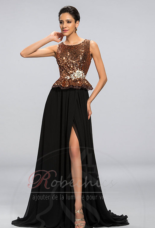 Robe de Soirée Col ras du Cou Sans Manches Pailleté Gaze Naturel taille ...