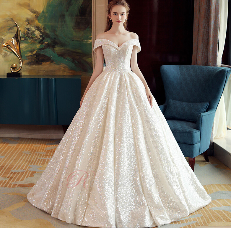 Robe de mariée Pailleté Naturel taille Épaule Dégagée Salle Lacet ...