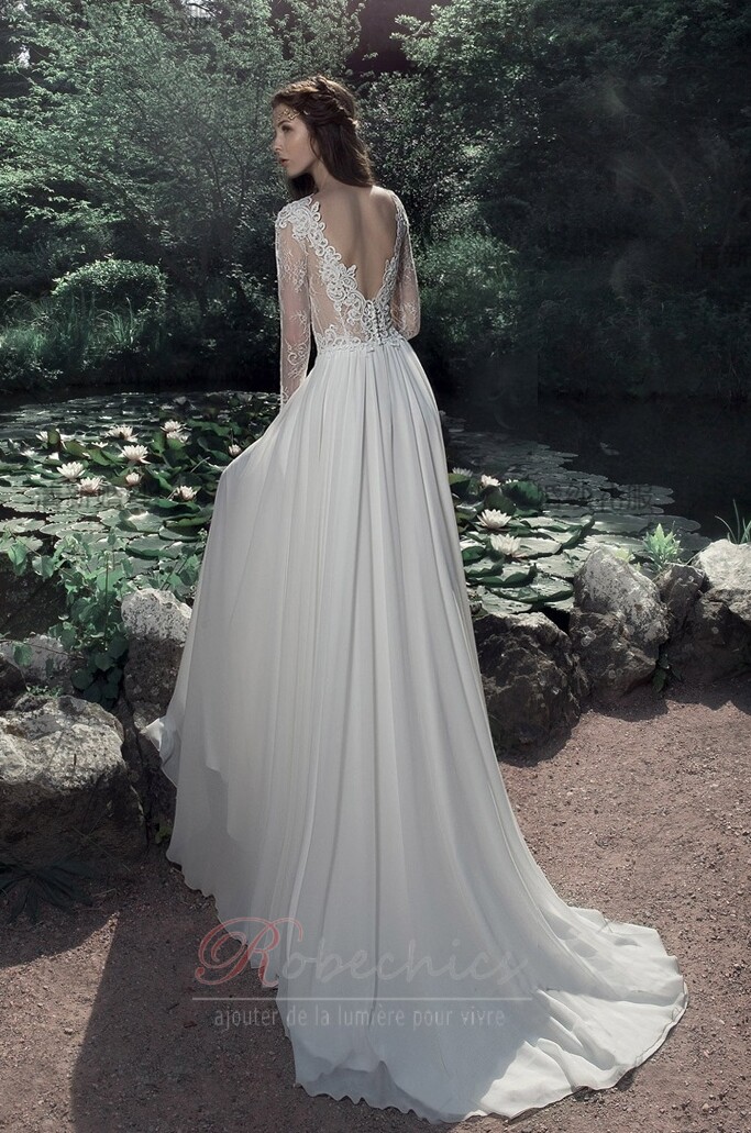 Robe de mariée Printemps Train de balayage Romantique Couvert de Dentelle - RobeChics.com