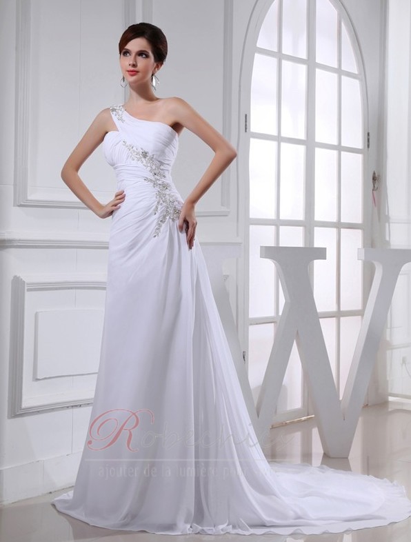 Robe de mariée A-ligne Lacet Médium Épaule Asymétrique Perle Chiffon ...