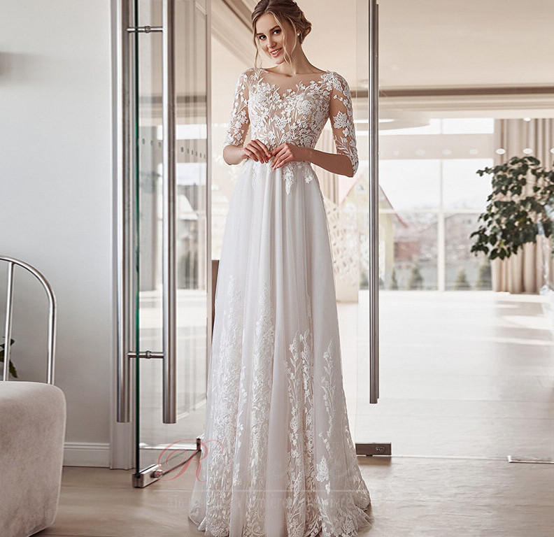 Robe de mariée De plein air Naturel taille Gaze Luxueux Longueur ras du Sol - RobeChics