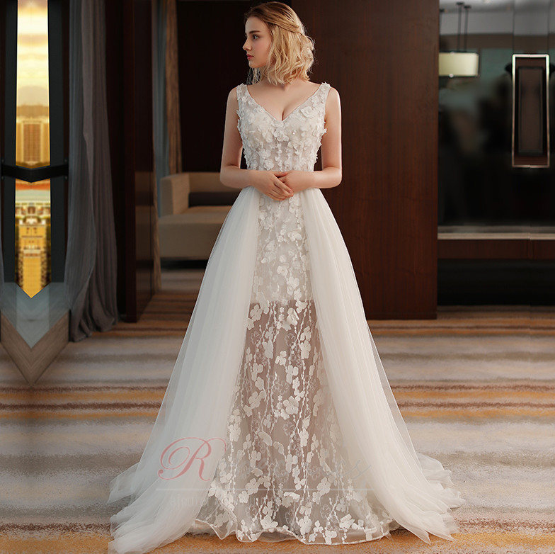 Robe de mariée Tissu Dentelle Lacet Train de petit A-ligne Naturel ...